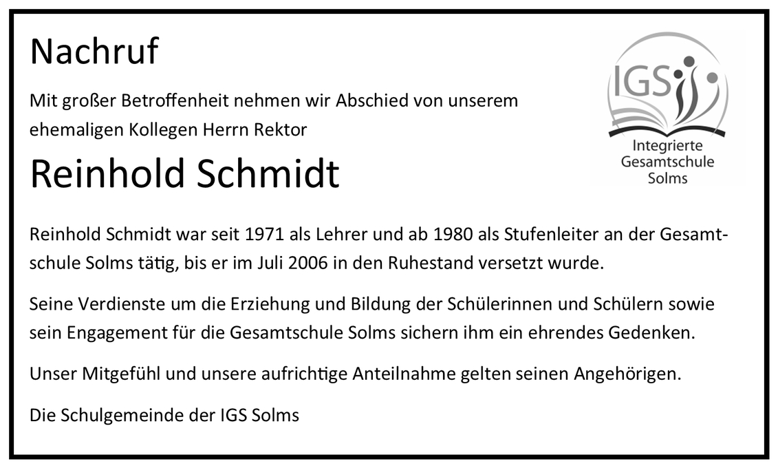 Nachruf – Integrierte Gesamtschule Solms